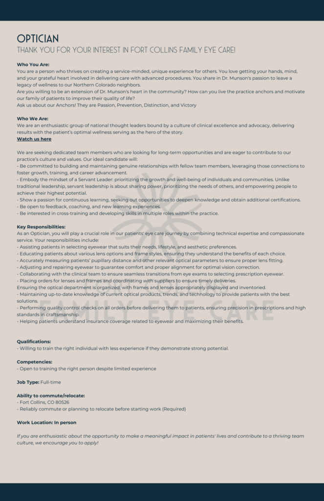 Optician Job Description - Fort Collins Family Eye Care